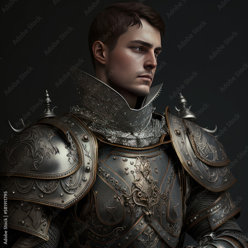 a young male knight in a full medieval armor is posed in a dark and ...