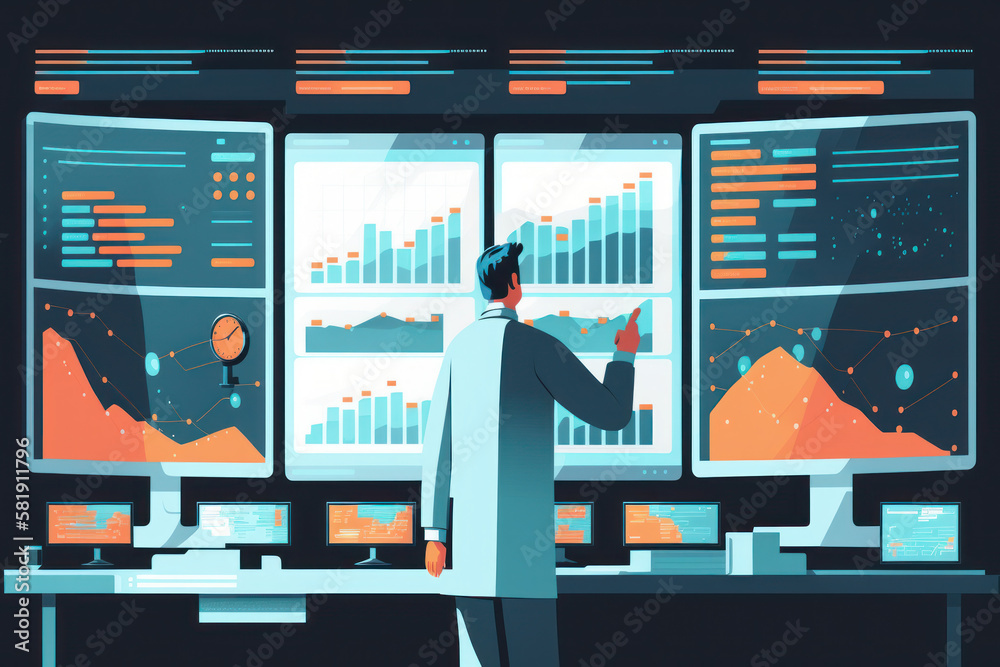 Big control center with business graphs showing key process indicators ...
