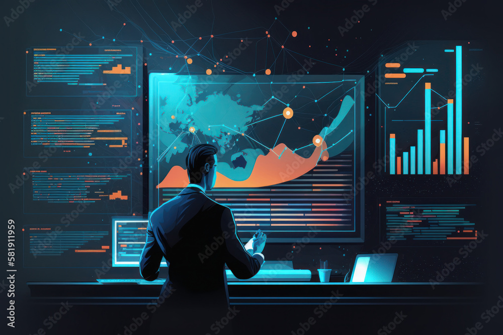 Big control center with business graphs showing key process indicators ...
