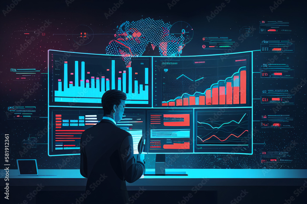 Big control center with business graphs showing key process indicators ...