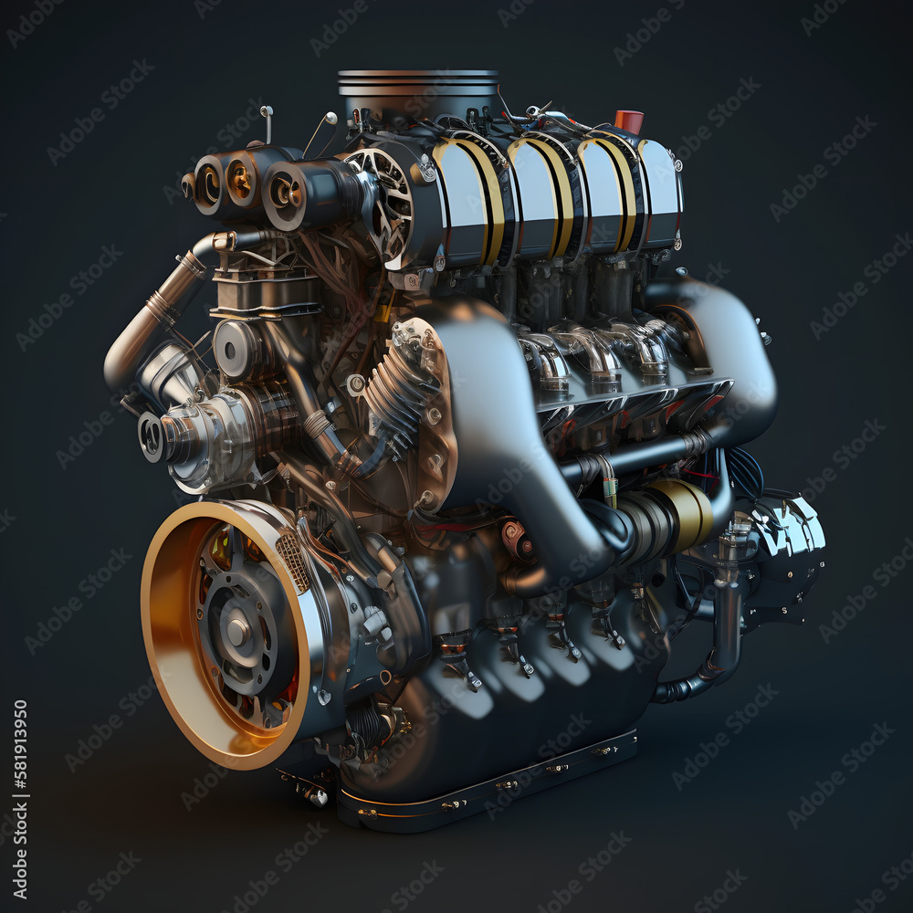 This is an image of a car engine. It is a large, powerful engine with ...