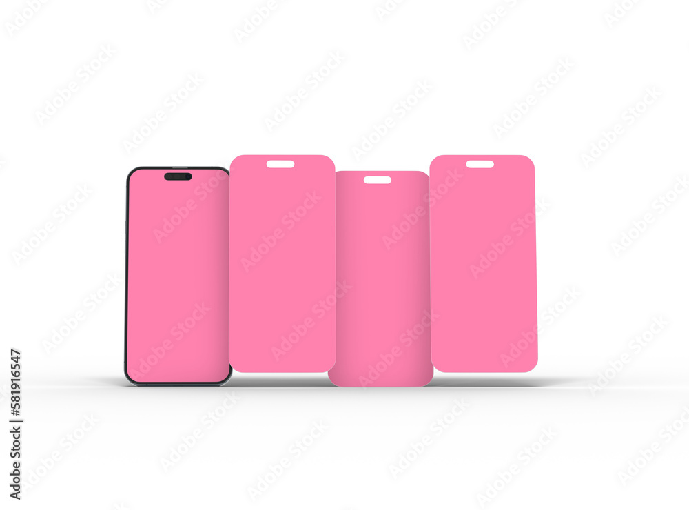 Render of smartphone and some separated screens floating on transparent ...