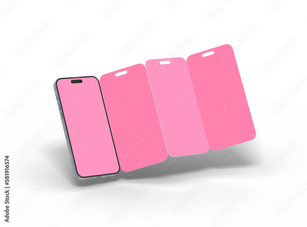 Render of smartphone and some separated screens floating on transparent ...