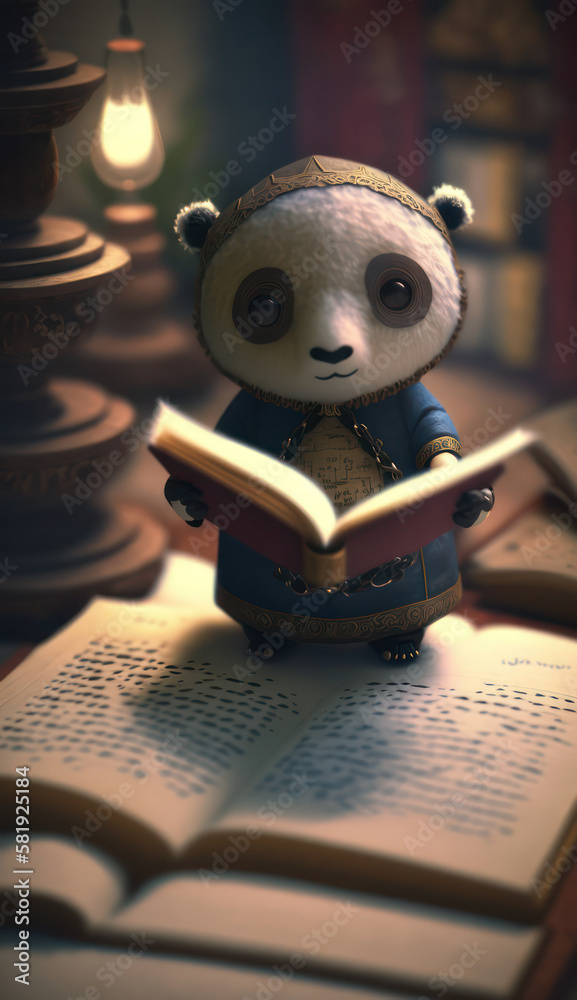A very small panda stands on the pages of an open book and reads a ...