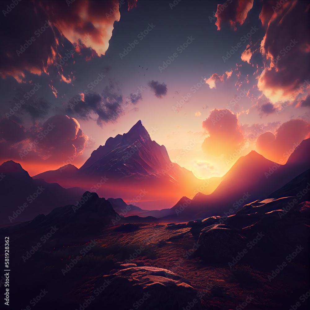 the sun setting over a mountain range with clouds and mountains in the ...