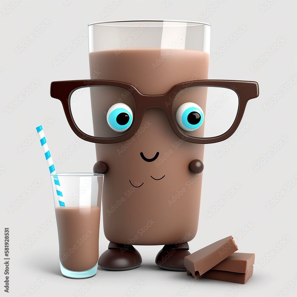 cartoon illustration, a glass of chocolate milk with glasses, ai ...