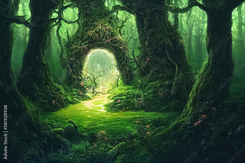 Magic teleport portal in mystic fairy tale forest. Gate to parallel ...