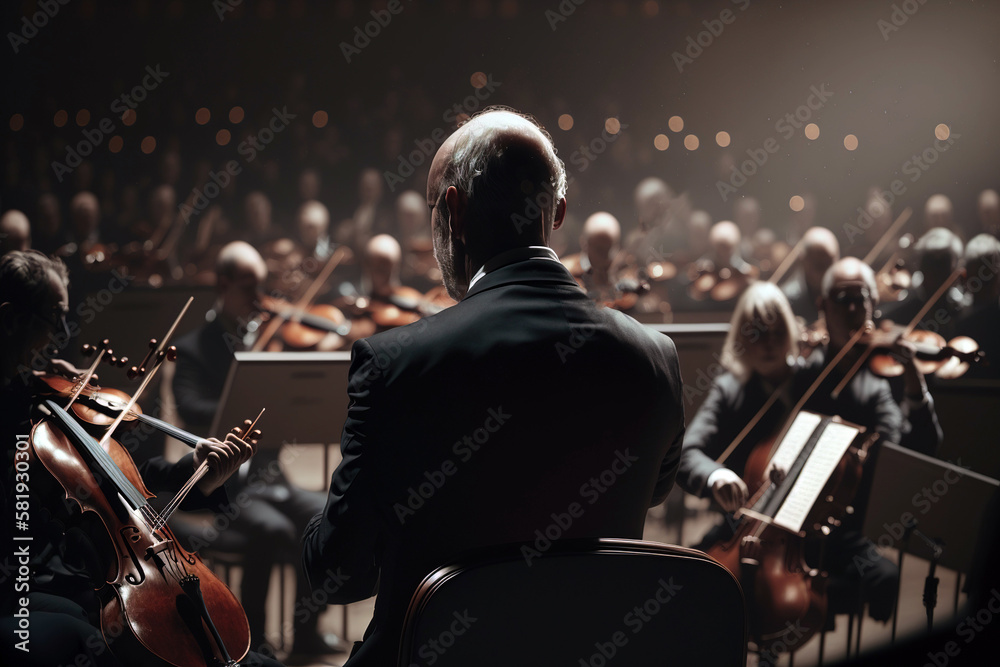 Orchestra conductor, from behind, during a classical concert. Ai ...