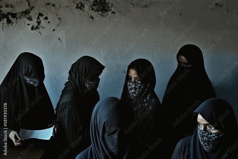 Group of Arab women dressed in traditional headscarves hiding their ...