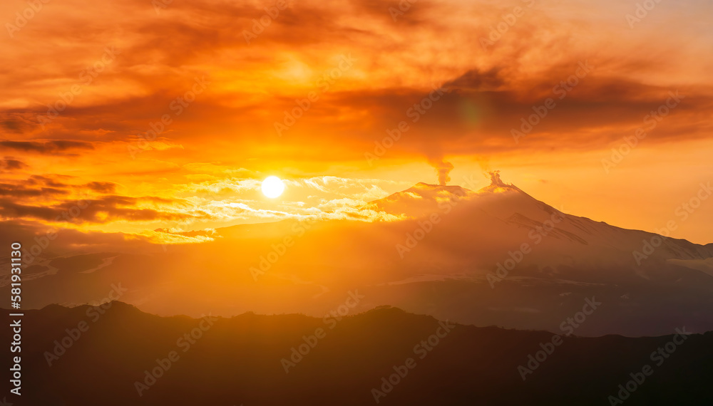 mysterious landscape of great erupting volcano with smoke from craters ...