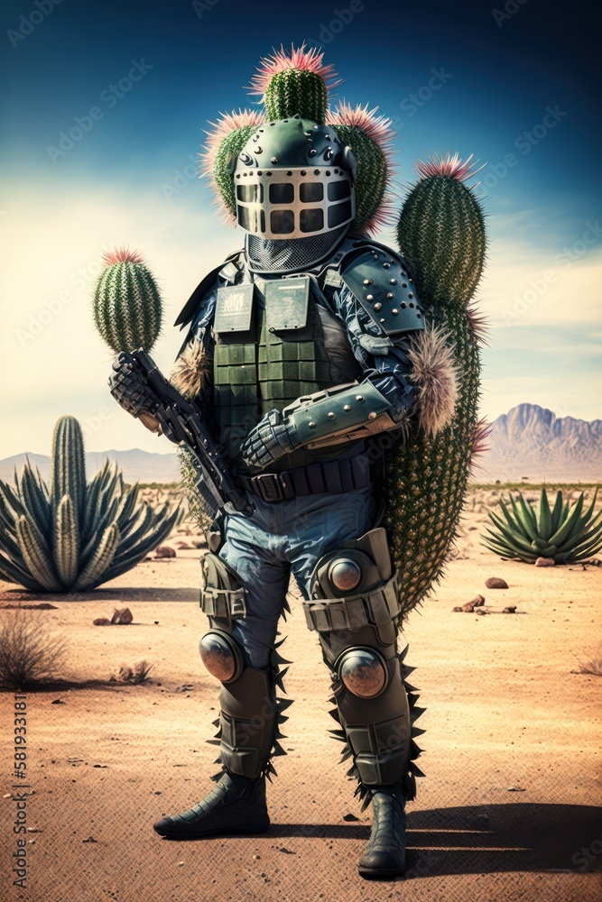 Riot police officer in surreal cactus armor uniform. Generative ai ...