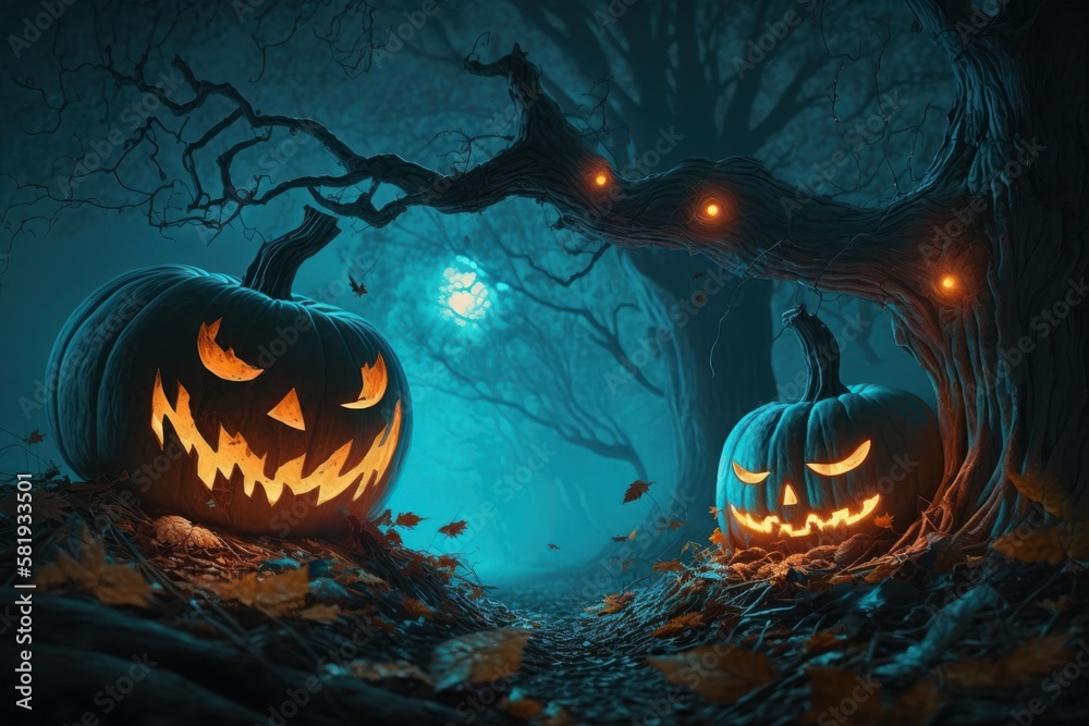 Spooky halloween forest with scary black trees and pumpkins on the ...