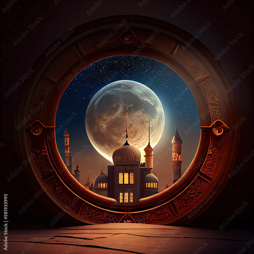 an islamic mosque with the moon shining in the sky and stars on the ...