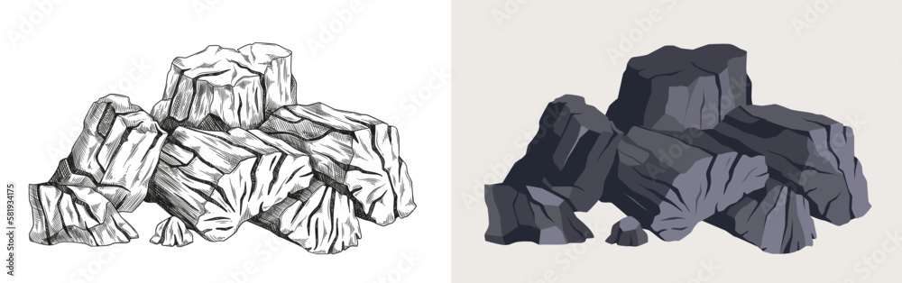 Coal pile hand drawn. Bonfire and fireplace. Coal for BBQ, barbecue and ...