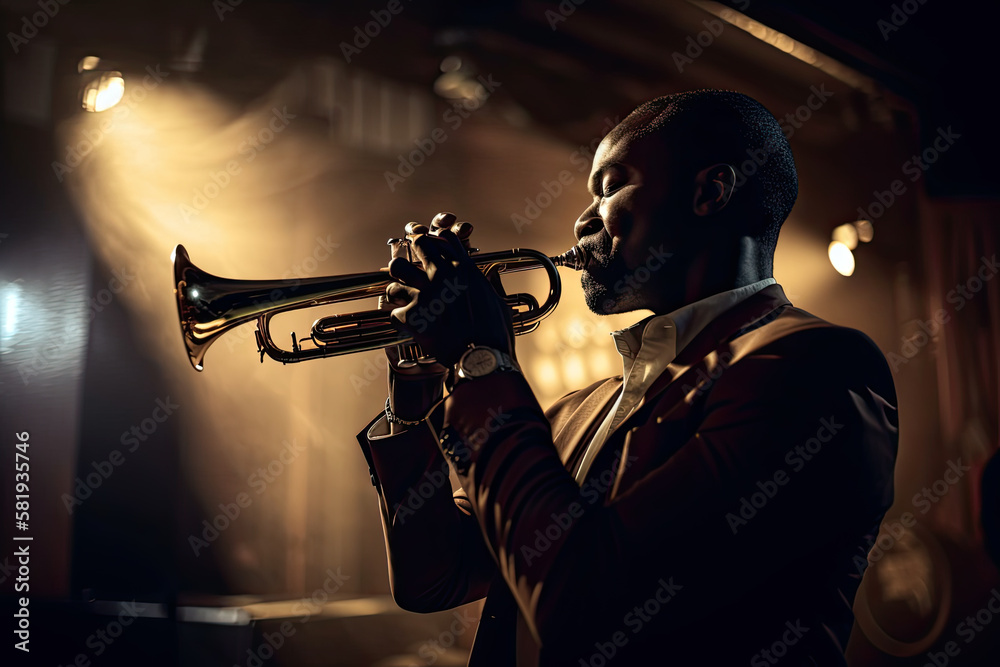 Generative AI Illustration of a trumpet player playing his trumpet ...