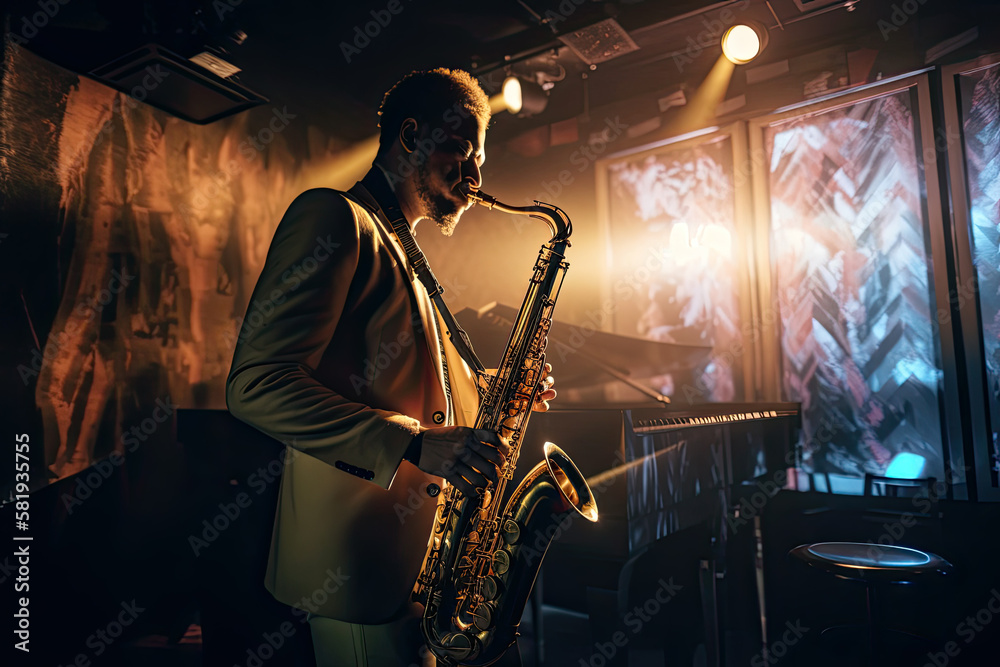 Generative AI Illustration of a saxophonist playing his saxophone ...