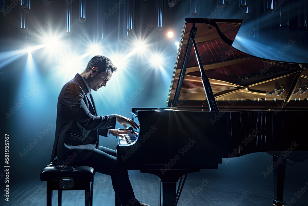 Generative AI Illustration of a pianist playing a grand piano on stage ...