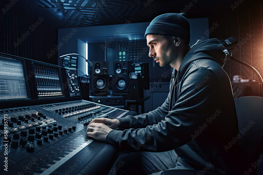Generative AI Illustration of a sound engineer operating the mixing ...