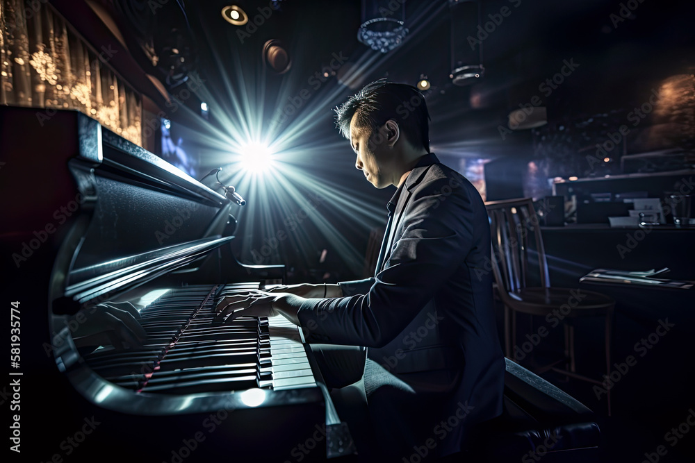 Generative AI Illustration of a pianist playing a grand piano on stage ...