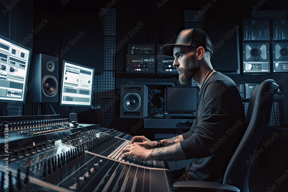 Generative AI Illustration of a sound engineer operating the mixing ...