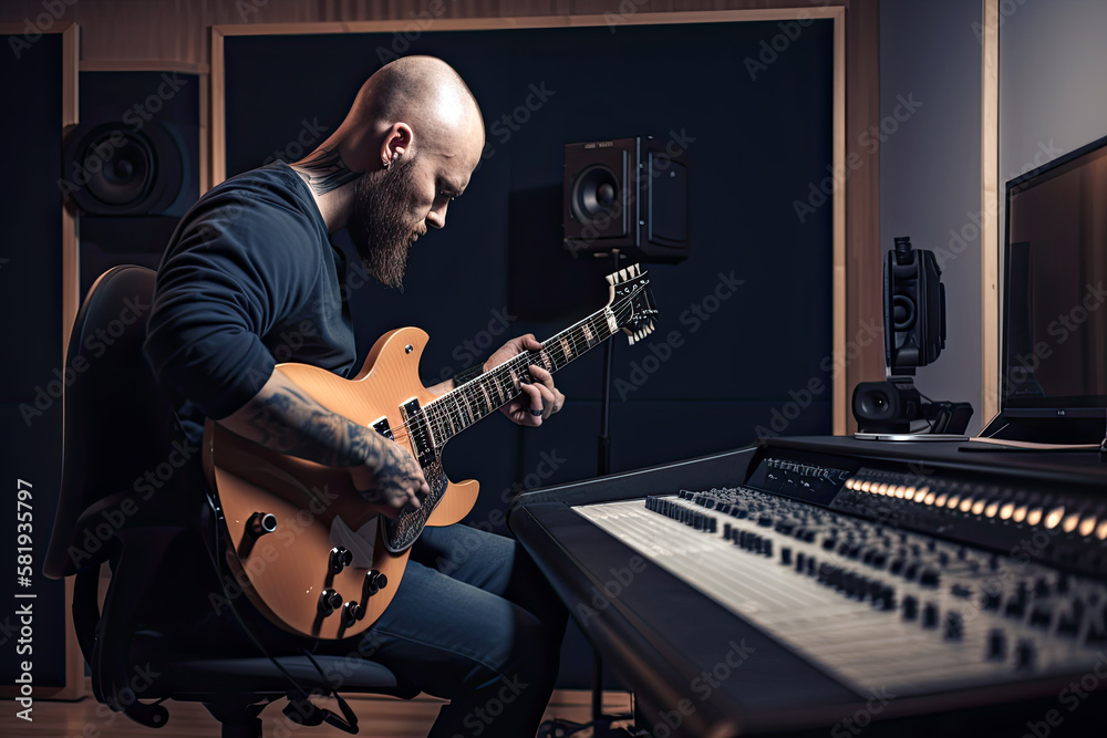 Generative AI Illustration of a guitarist playing electric guitar in a ...