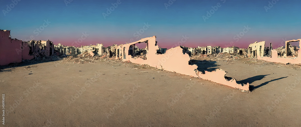 destroyed buildings and fragments of building structures of a city ...