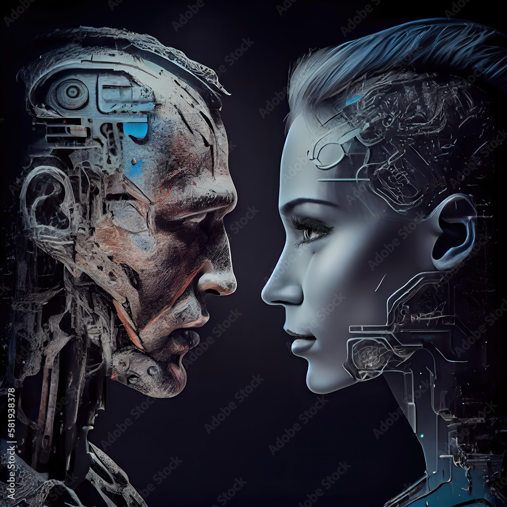 two humanoids facing each other one's face, with blue eyes and white ...