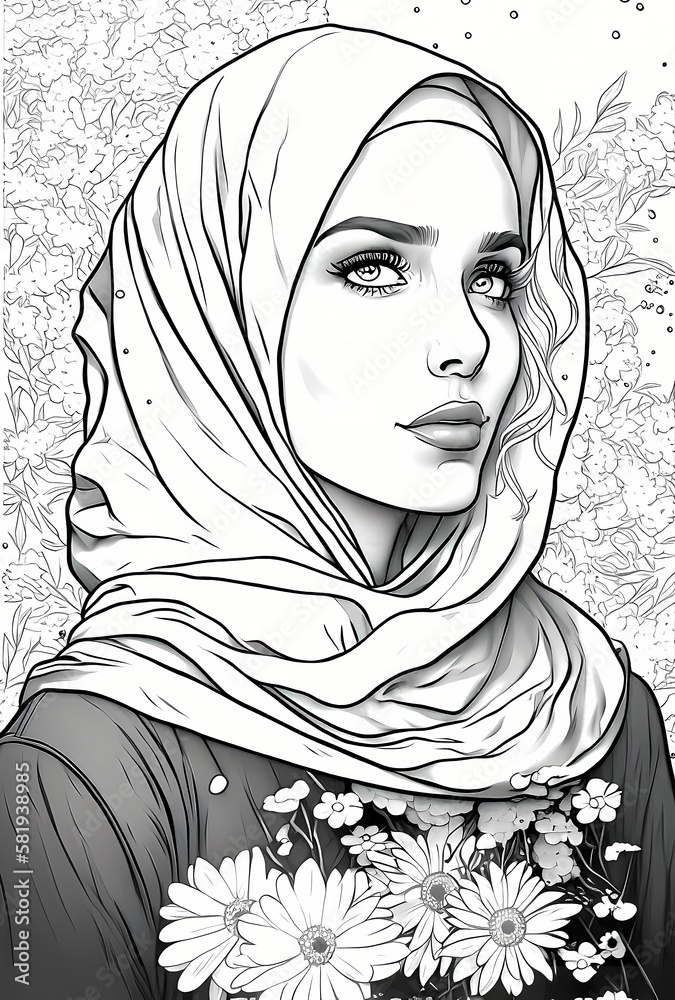 Beautiful Arabic Muslim Woman With Hijab Coloring Page, AI Stock ...