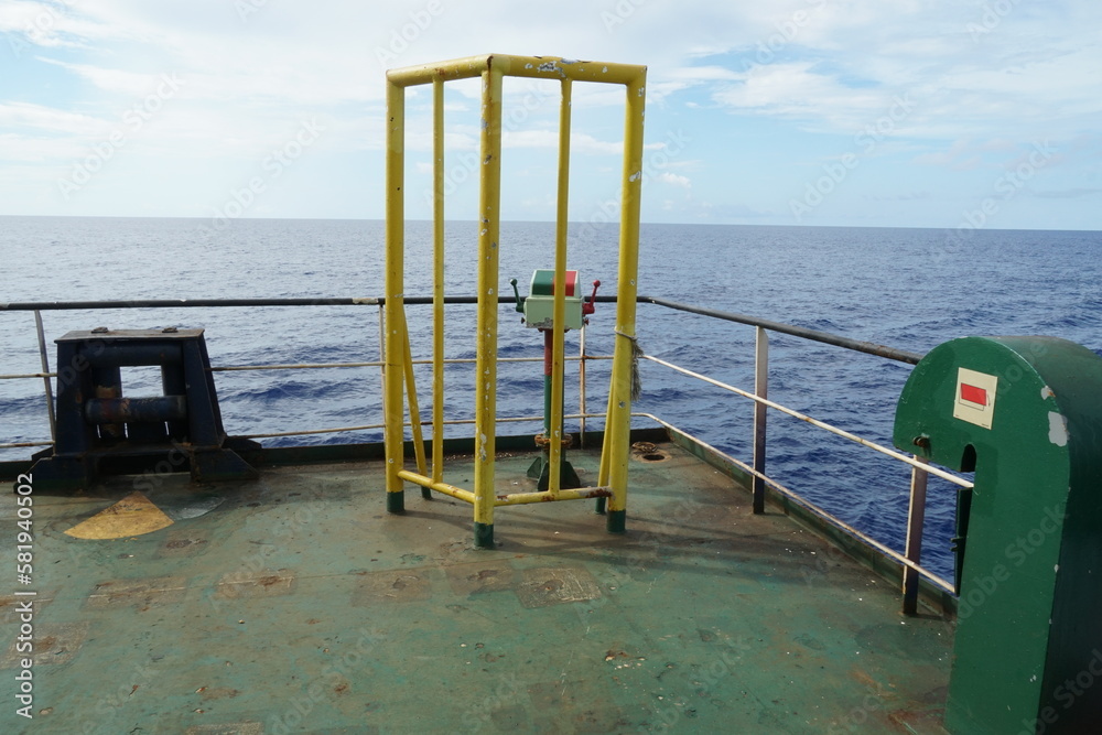 Control station of ship stern mooring winch behind yellow construction ...