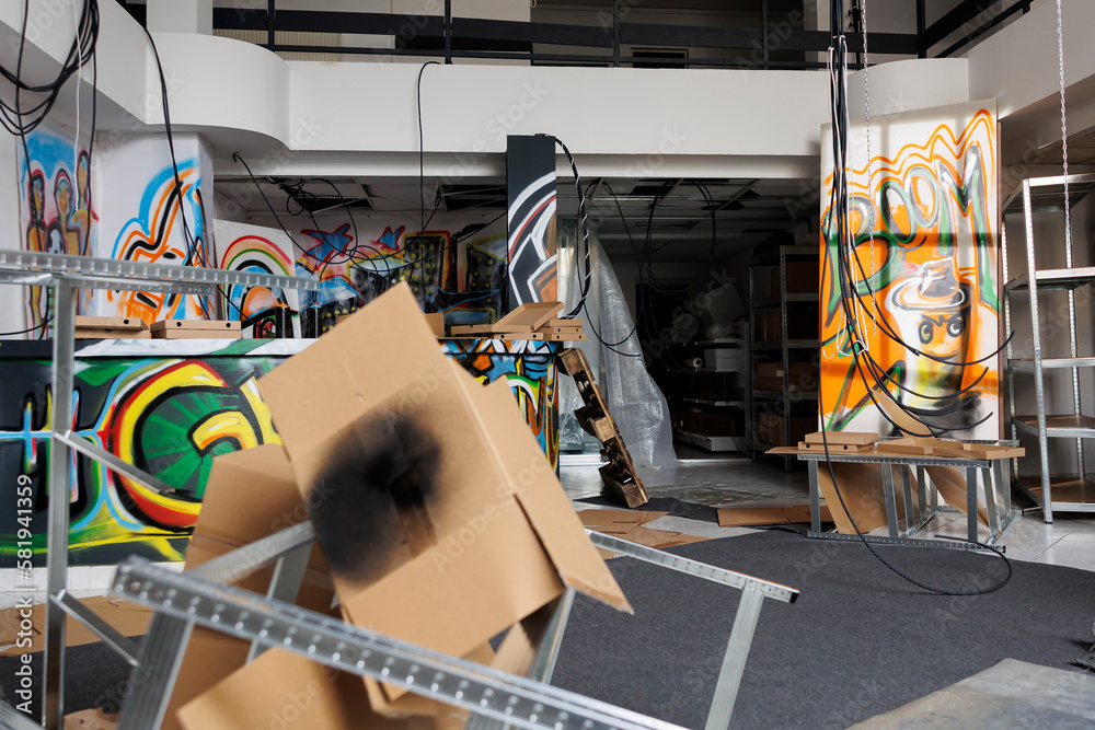 Empty warehouse and abandoned showing signs of decay, destroyed walls ...