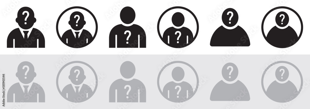 Set of unknown person icons. Missing man, wanted. Anonymous person ...