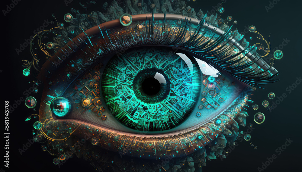 Cyan digital eye with blue eyelashes. Scanning technology, digital ...