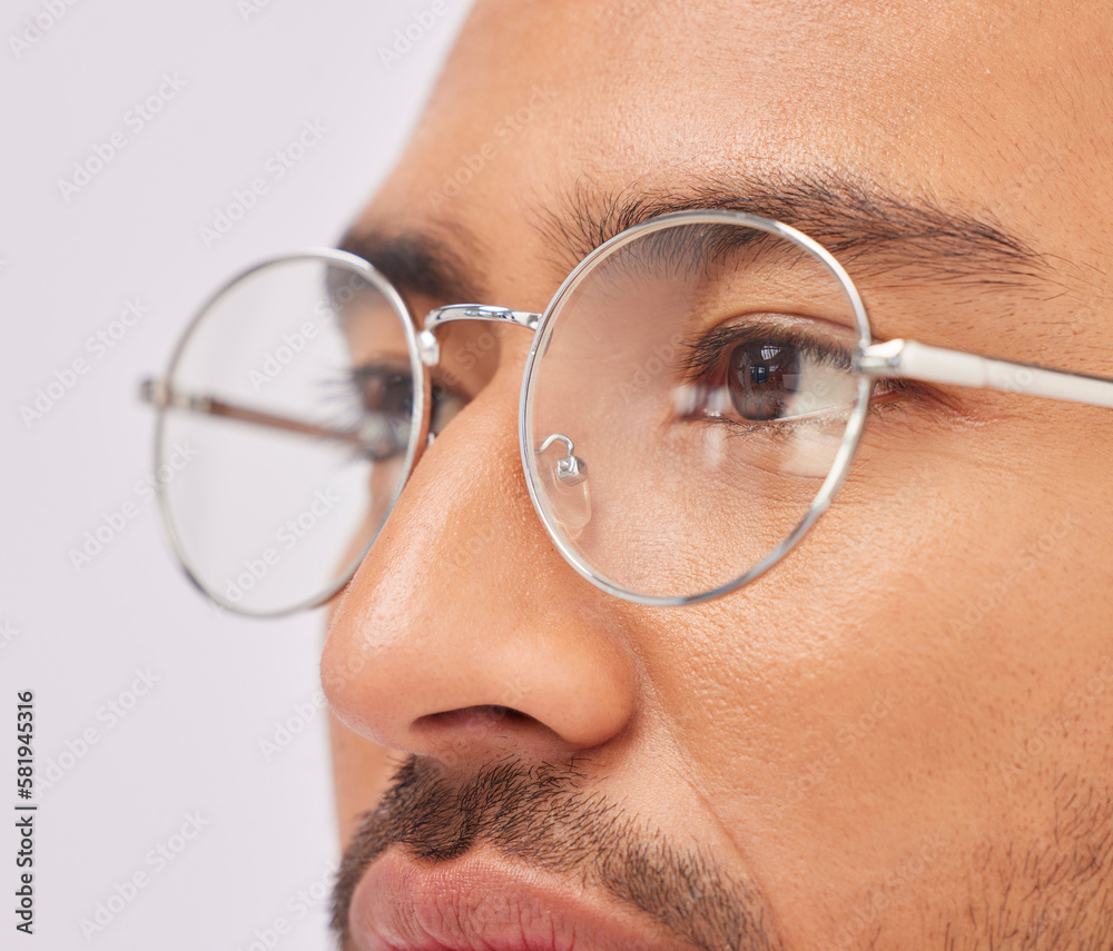 Zoom, optometry and face of a man with glasses for vision, intelligence ...