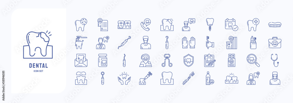Dental treatment icon set, including icons like Bacteria, Bill, Braces ...