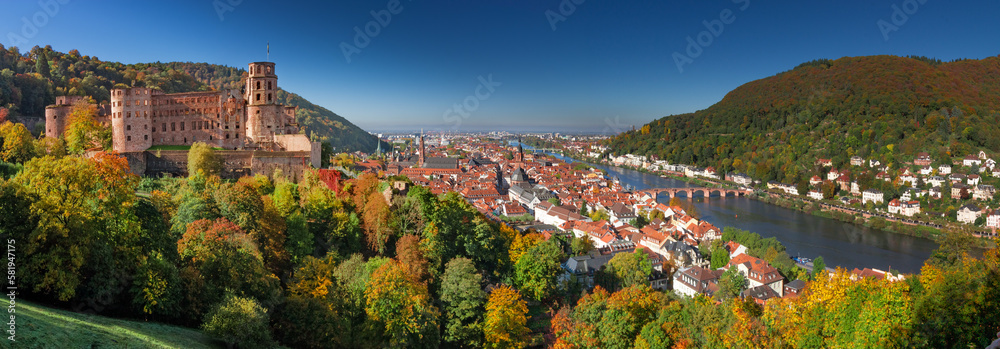 A panoramic cityscape view of Schloss Heidelberg (Heidelberg Palace ...