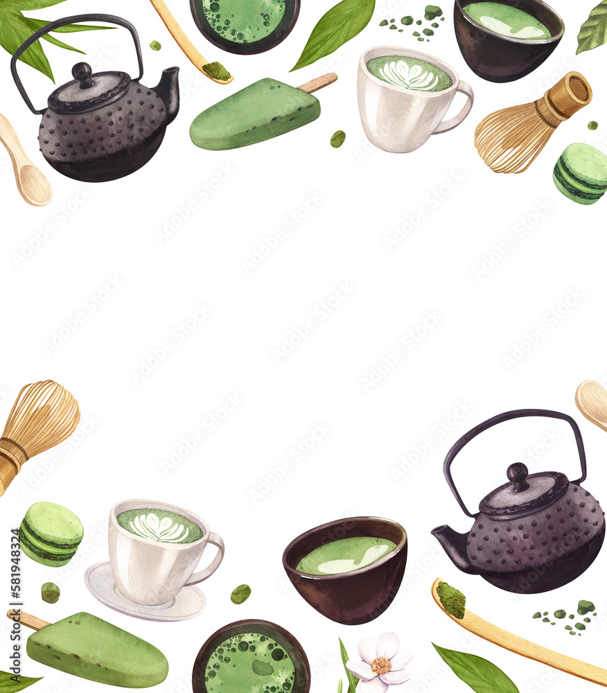 Watercolor frame with green tea matcha. Japanese tea ceremony hand ...