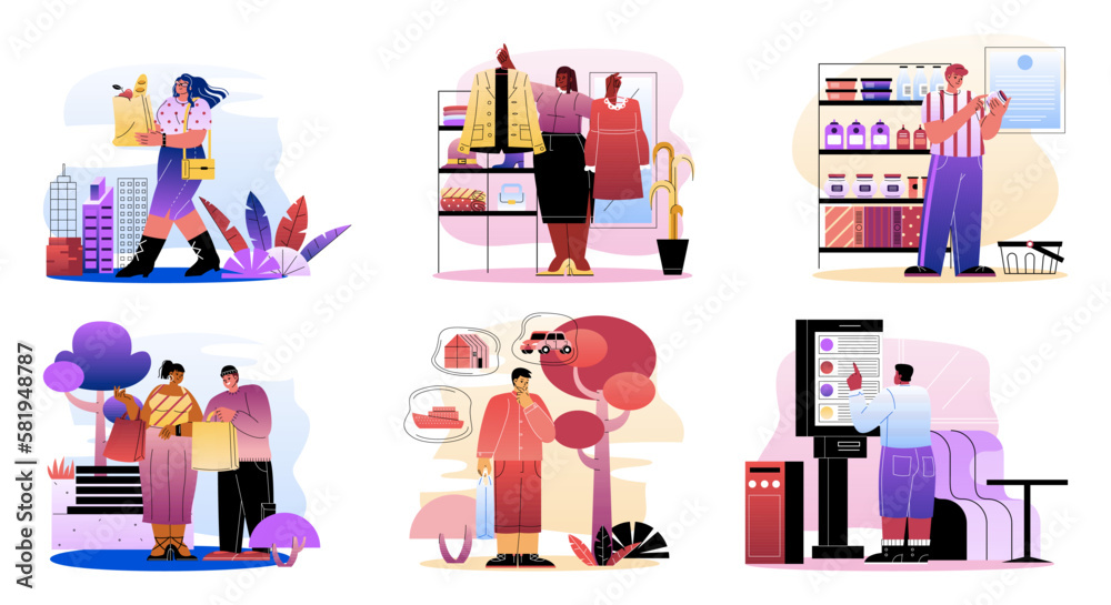 People shoppers set. Collection of scenes with men and women choosing ...