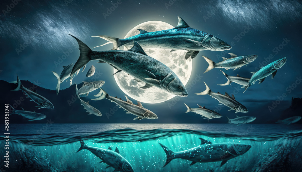 Fish jumping out of the water at night with the moon at the background ...