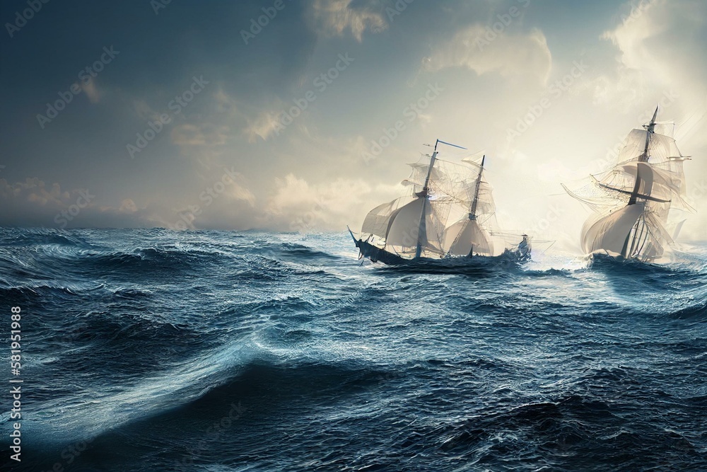 Two sailing ship in the middle of the ocean waves. Generative AI Stock ...