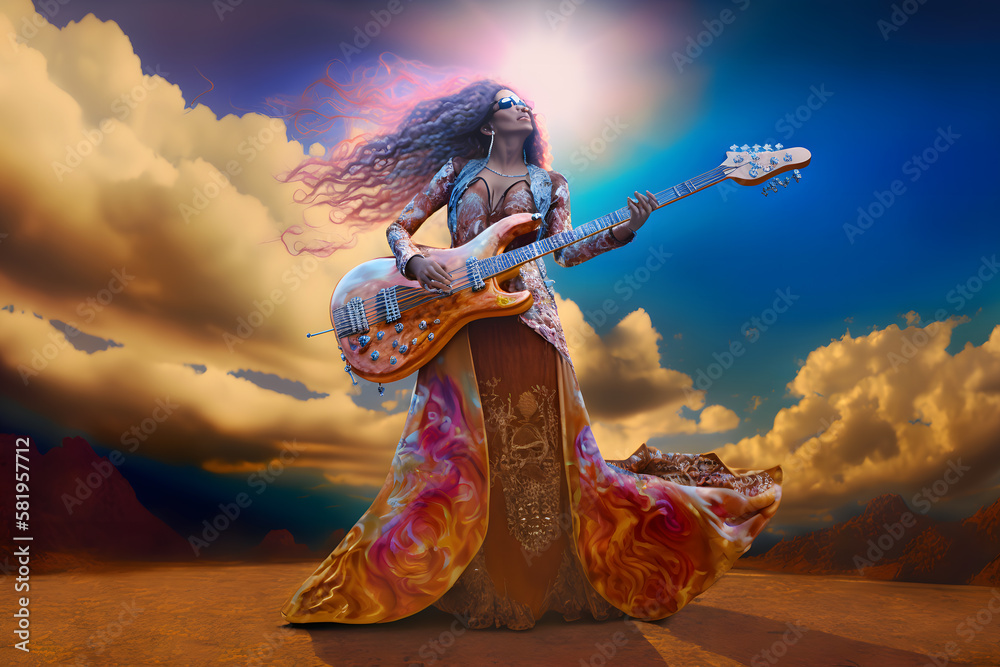 Beautiful rock star woman with electric guitar. Neural network AI ...