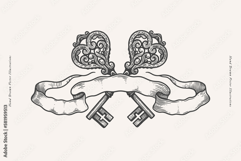 Crossed keys and ribbon in engraved style. Vintage keys with Victorian ...