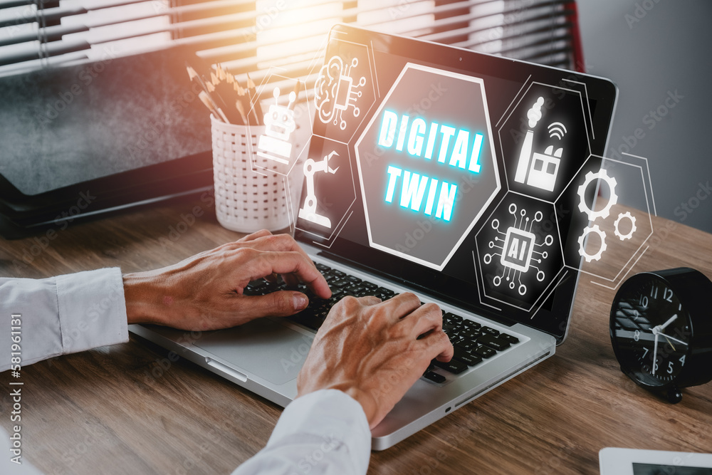Digital twin business and industrial process modelling, Businessman ...