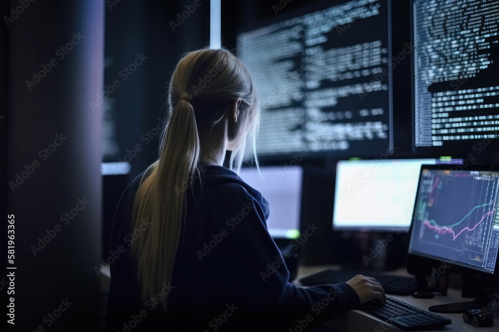 Female programmer working online at night. Young woman coding on ...