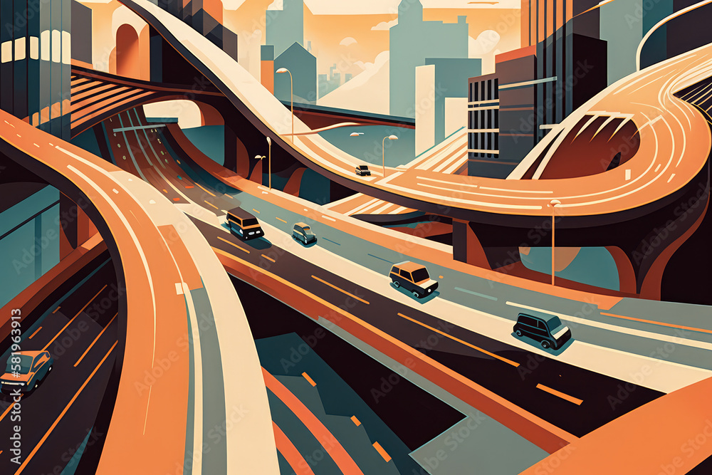 Abstract illustration of a bustling highway interchange with cars ...