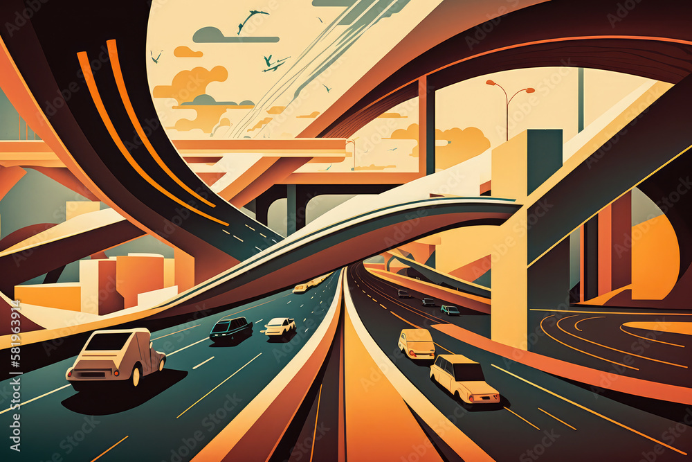 Abstract illustration of a bustling highway interchange with cars ...