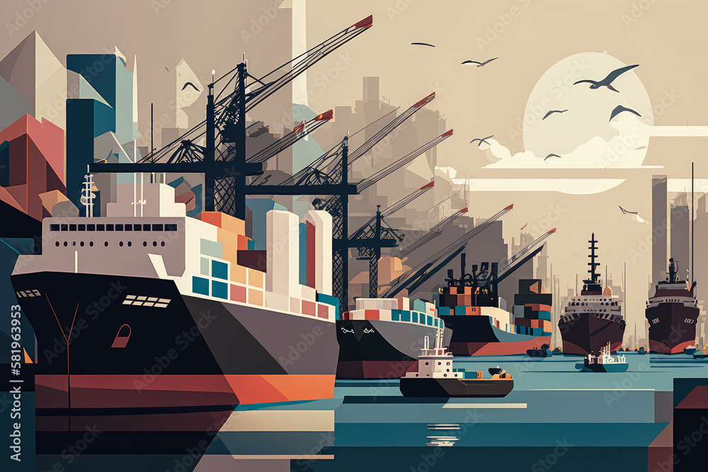 Abstract illustration of a busy seaport with cargo ships, cranes, and ...