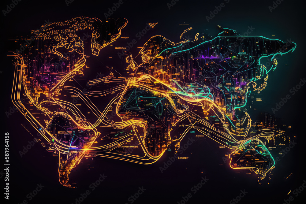 Abstract image of a neon-colored map with different transportation ...