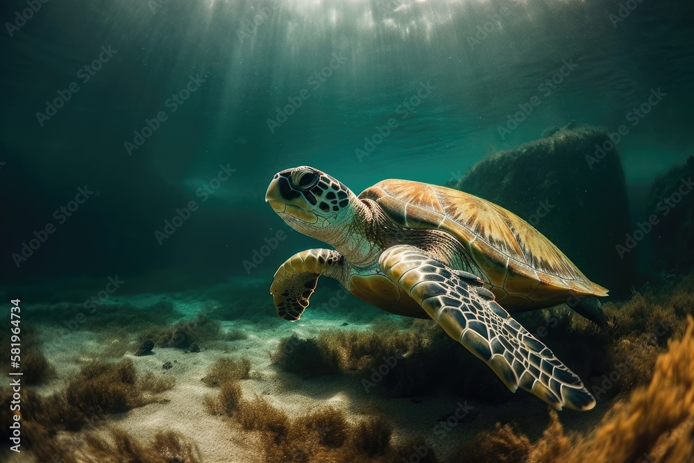 marine turtle submerged. turtle diving scene in the ocean. Generative ...