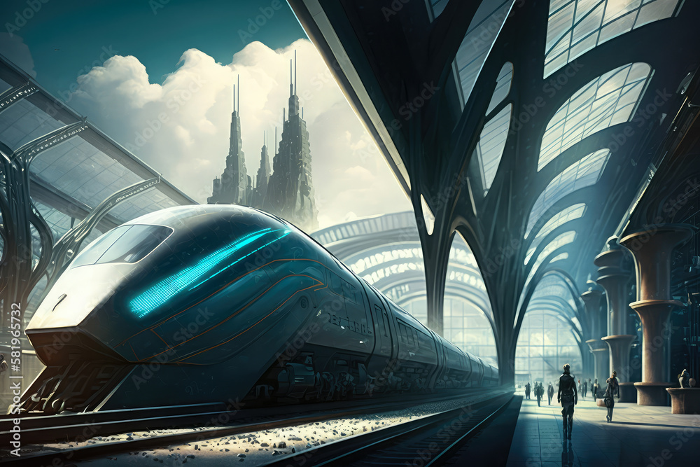 Futuristic train station with high-speed trains arriving and departing ...