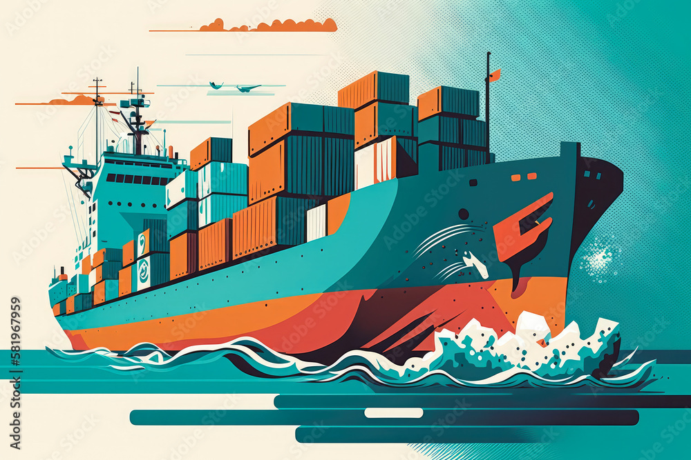 Sleek illustration of a shipping container ship cruising in a harbor ...